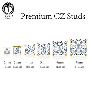 14K Gold Square Solitaire Princess Cut Cubic Zirconia CZ Stud Earrings with Screw Backs in Yellow OR White (0.1-1.75 carats)