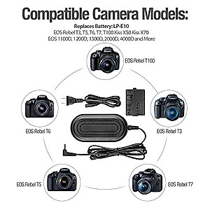 ACK-E10 Dummy Battery ENEGON AC Power Adapter DR-E10 DC Coupler Charger Kit (Replacement for LP-E10) Power Supply for Canon EOS Rebel T3, T5, T6, T100 Kiss X50, Kiss X701