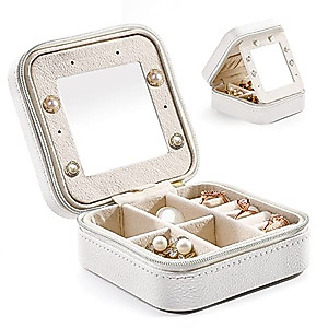 Emibele Travel Jewelry Box with Mirror, PU Leather Small Travel Jewelry Case, Travel Jewelry Organizer for Women Girls, Small Jewelry Travel Case for Rings, Earrings, Necklaces, Bracelet, White