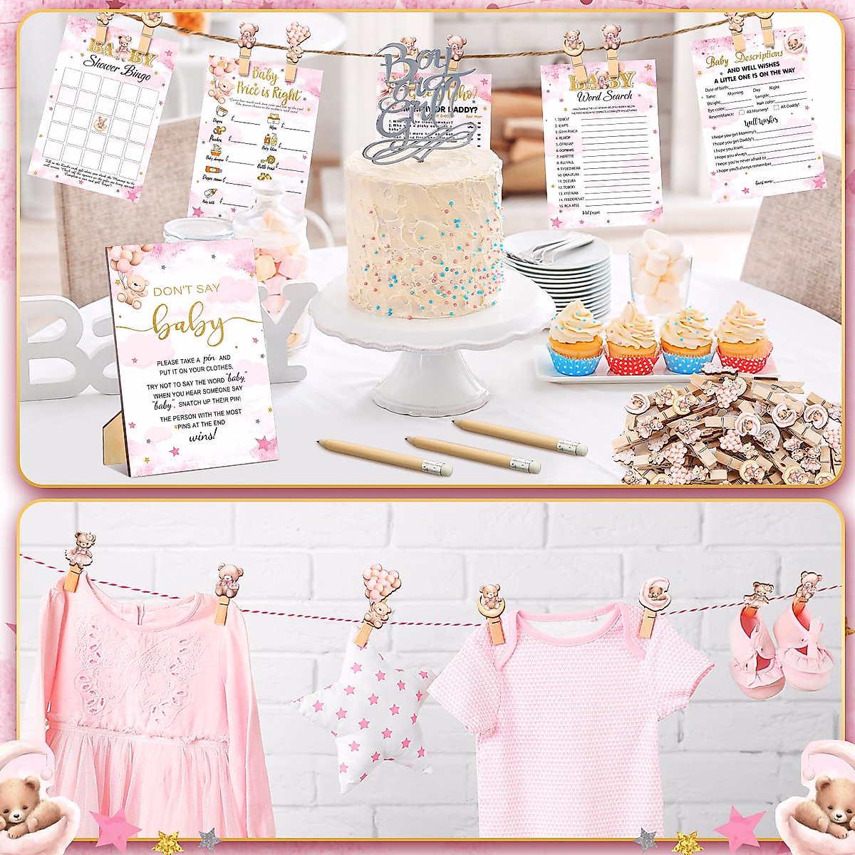 Patelai 321 Pcs Baby Shower Games Supplies, 5 Sets (50 Cards Each) Activities Cards with 20 Pencils 1 Don't Say Baby Sign 50 Clothespin(Pink Bear)