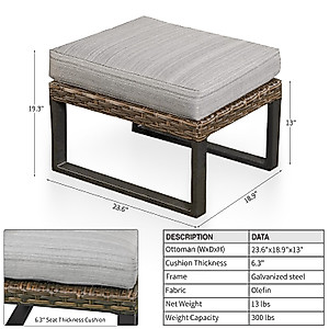 PatioFestival Patio Ottoman Outdoor Cushioned Wicker Foot Stool with All Weather Galvanized Steel (Grey, 23.6" W x 23.6" D x 13.7" H)