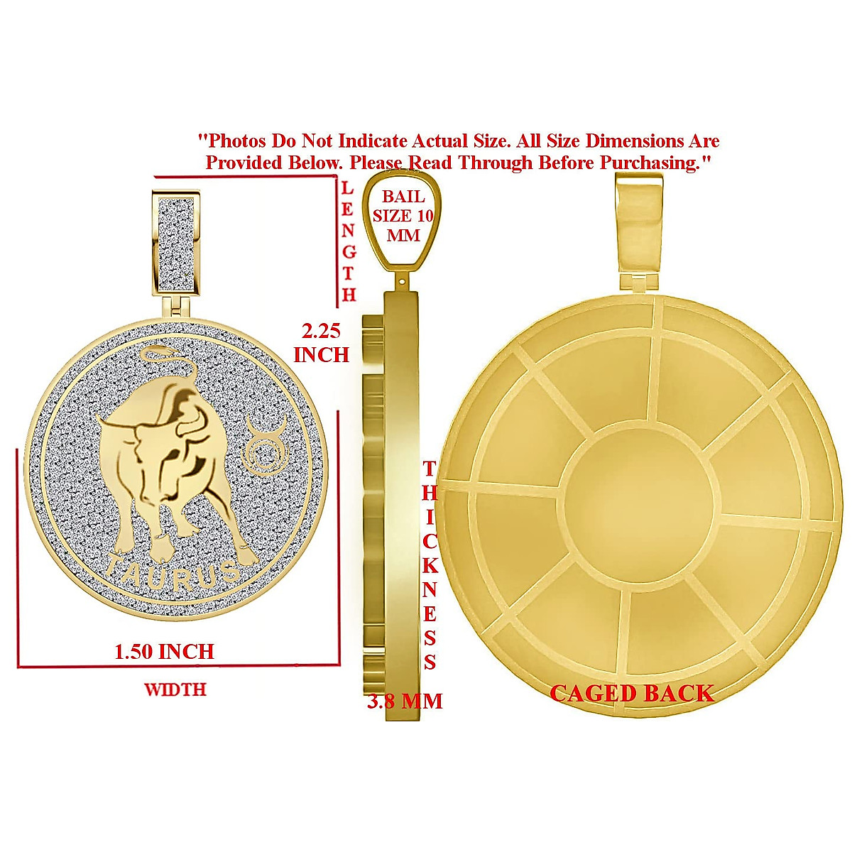 Real Genuine 2.50 Cwt. VVS1 Natural MOISSANITE Diamond Zodiac Sign Taurus Bull Astrology Horoscope Charm 10K Solid Gold Over Pendant 2.25'' (Yellow Gold Finish)