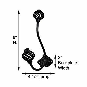 Renovators Supply Manufacturing Black Wrought Iron Wall Double Hooks Decorative Birdcage Style 8" Rust Resistant Wall Mount Dual Hooks for Coat, Robe or Hat Holder Hanger with Hardware Pack of 2