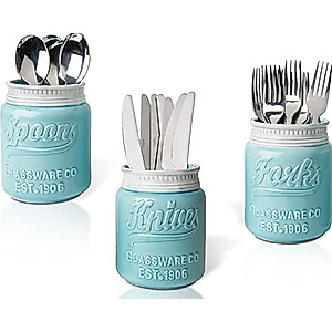 Ceramic Mason Jar Cutlery Holder - Set of 3 - Farmhouse Silverware Caddy for Kitchen Countretop - Decorative Spoon, Fork & Knife Holder for Parties & More - Rustic Caddy made of Premium Ceramic