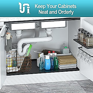 UEAKPIC Under Sink Mat 34" x 22", Waterproof Silicone Undersink Mat for Kitchen, Bathroom, Cabinet Protector Fits 36" Standard Cabinets, Under Sink Tray Liner Up to 2.2 Gallons Liquid (Black)