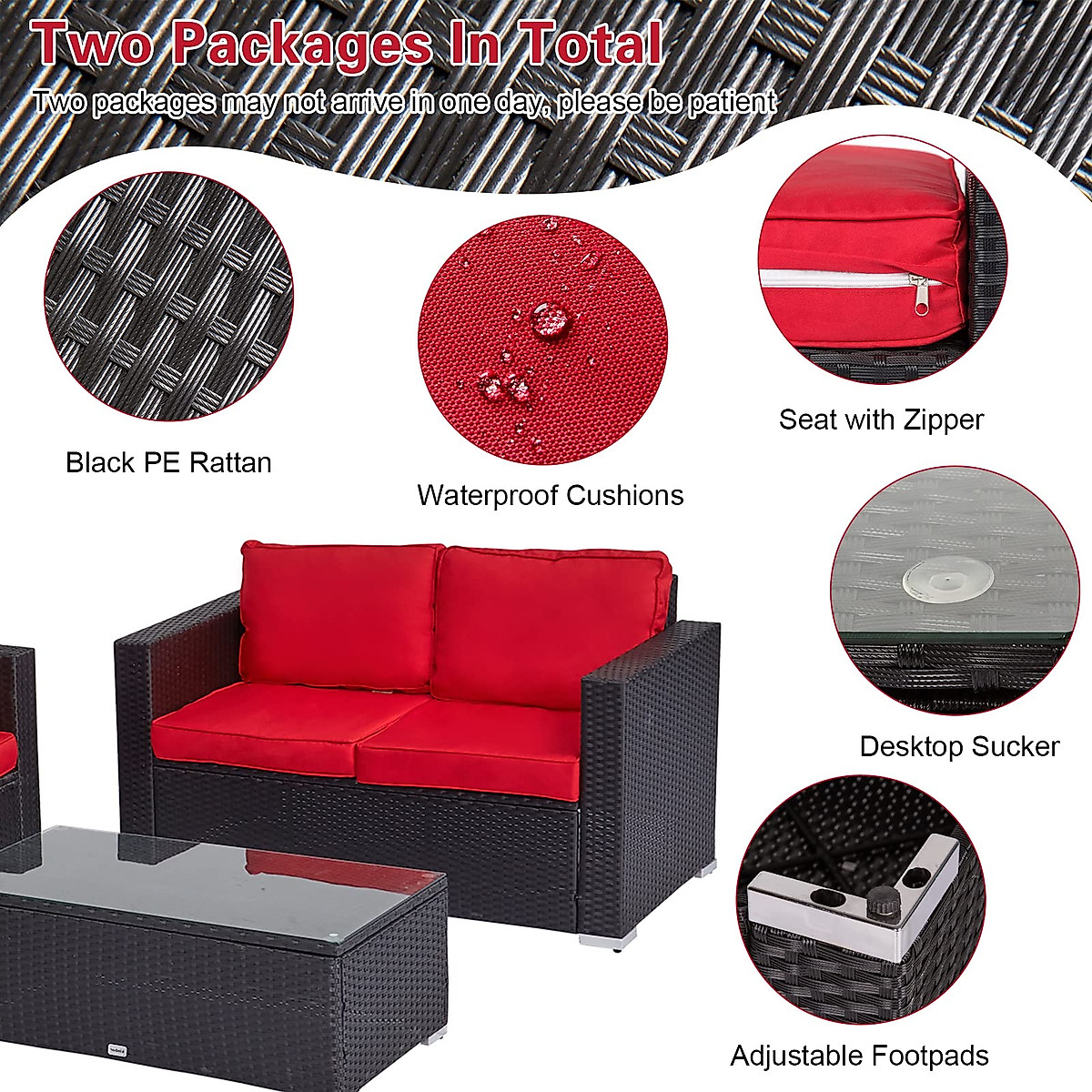 Kinsunny 4 PCs Outdoor Wicker Rattan Sofa Set Patio Furniture Wicker Rattan Sectional Sofa Couch with Glass Coffee Table Washable Removable Cushions for Backyard Pool