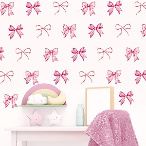Whaline 12 Sheets Trendy Pink Bow Wall Stickers Light Pink Bow Knot Wall Decals Watercolor Room Mural Stickers for Girls Party Home Nursery, 7.9 x 11.8 Inch