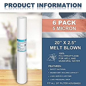 Membrane Solutions 5 Micron Sediment Water Filter Replacement Polypropylene Cartridge 20" x 2.5" for Whole House Filter System - 6 Pack