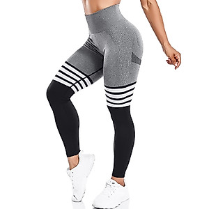 KIWI RATA Women Ribbed Booty Seamless Leggings High Waisted Workout Butt Lift Gym Yoga Panst Stretch Tights (#0 Stripe Black, M)