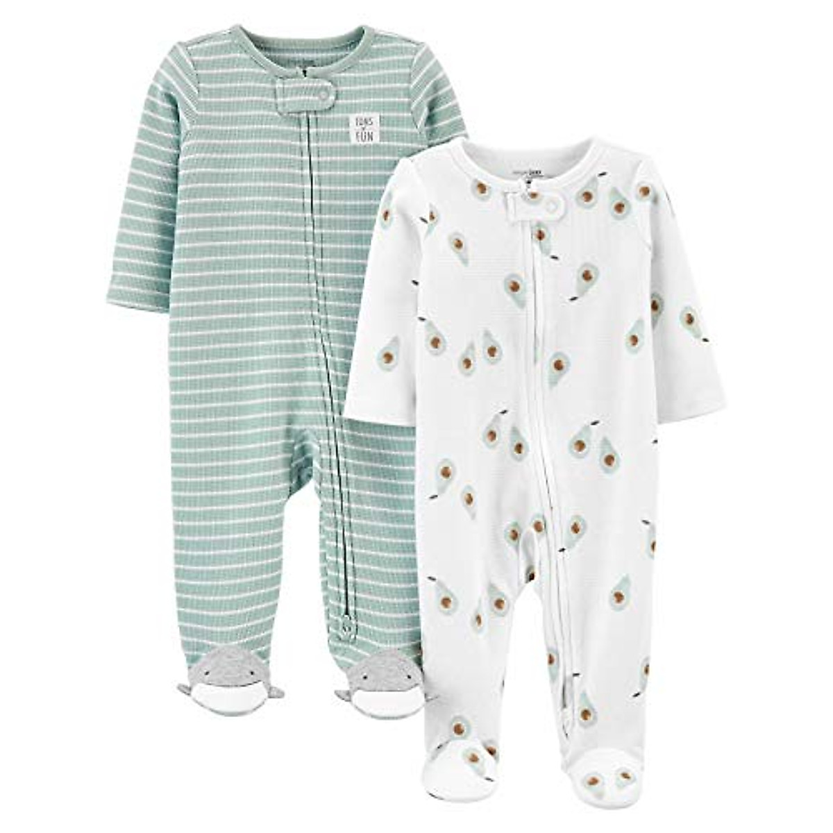 Simple Joys by Carter's Baby 2-Way Zip Thermal Footed Sleep and Play, Pack of 2, Mint Green Stripe/White Avocados, Newborn