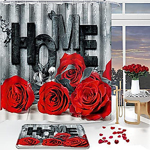 ENYORSEL 3Pcs Bathroom Sets, Red Rose Shower Curtain Set with Rugs, Incl 71'' x 71'' Waterproof Polyester Shower Curtain with 12 Hooks, 2Pcs 30'' x 18'' Non Slip Bath Mats for Romantic Bathroom Decor