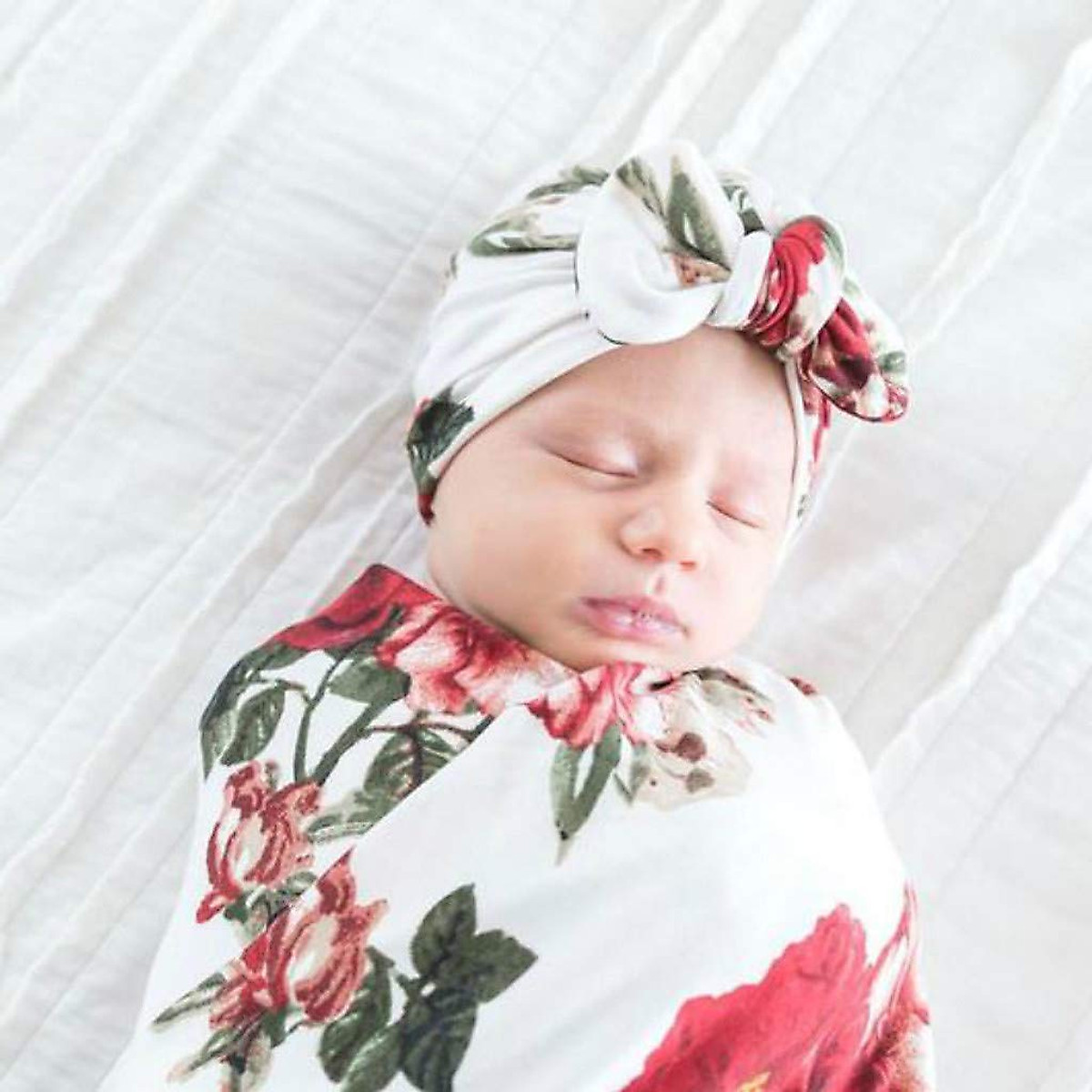Wrap Turban Set Soft Baby Hat Swaddle Floral Blanket Sleeping Newborn Infant Kids Blankets Airplane Blanket Design (Red, S)