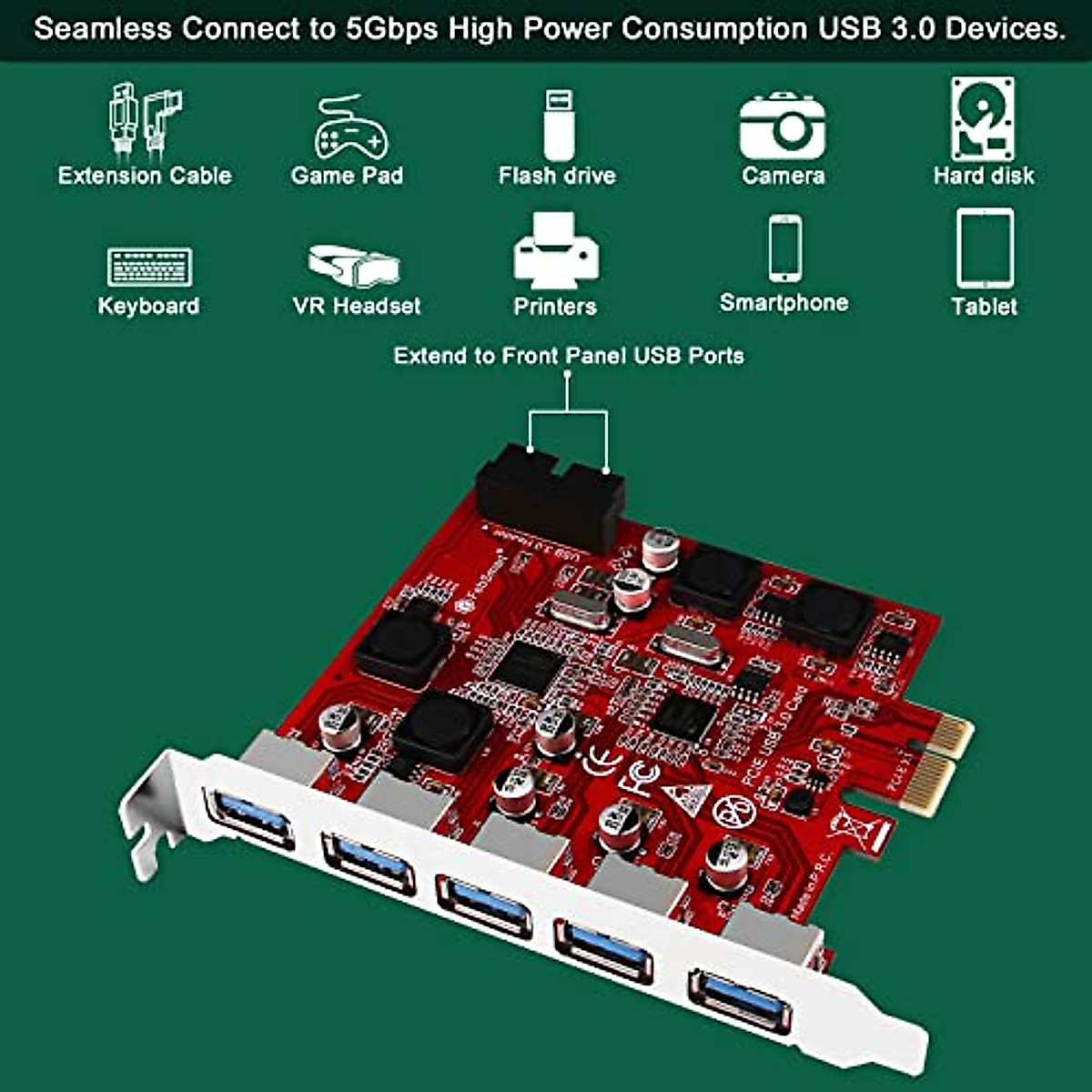 FebSmart 7-Ports Superspeed 5Gbps USB 3.0 PCIE Expansion Card, 5-Ports USB-A and an 19Pin USB 3.0 Header, Built in FebSmart Self-Powered Technology, No Need Additional Power Supply (FS-U7S-Pro)
