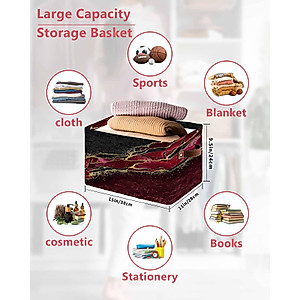 Abstract Storage Basket Red Large Foldable Storage Bins with Handles Marble Burgundy Black Malachite Gold Veins Waterproof Fabric Laundry Baskets for Organizing Shelves Closet Toy Gifts Bedroom Decor