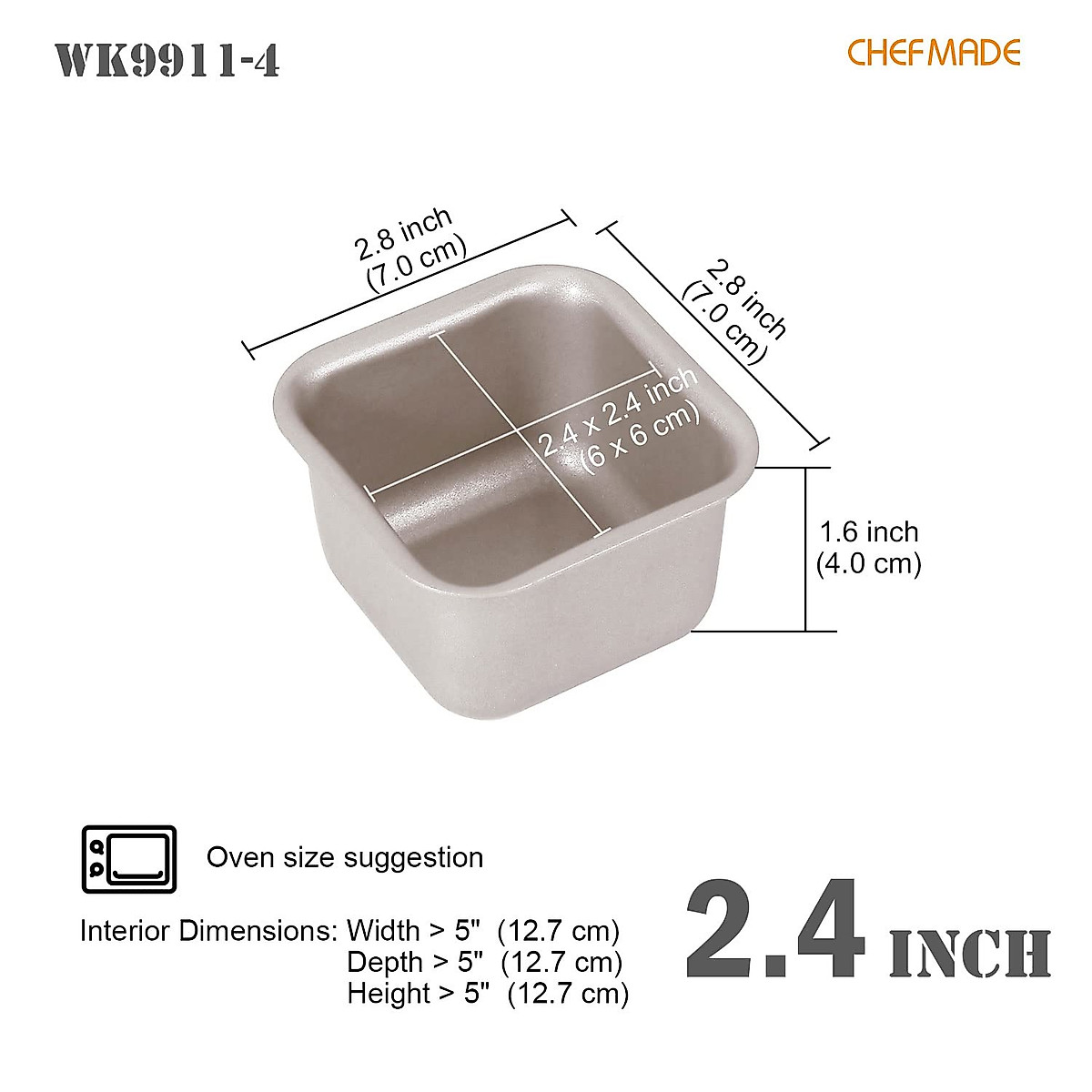 CHEFMADE Mini Brownie Cake Pan Set, 2.4-Inch 4Pcs Non-Stick Square Muffin Pan Blondie Bakeware for Oven and Instant Pot Baking (Champagne Gold)