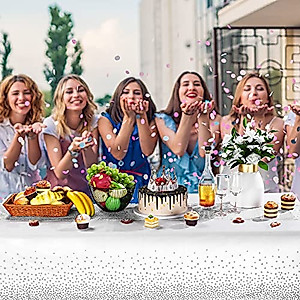 Tablecloth and Sequin Table Runner Set Polka Dots Confetti Table Cover Dining Plastic Table Cloths Glitter Decorations for Birthday Wedding Anniversary Party Supplies (White, Silver, 2 Pcs)