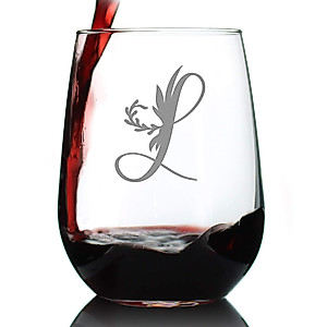 Monogram Floral Letter L - Stemless Wine Glass - Personalized Gifts for Women and Men - Large Engraved Glasses