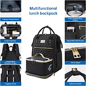 ETRONIK Lunch Backpack for Women, 17.3 Inch Laptop Backpack with USB Port, Stylish Nurse Backpack Teacher Work Bag with Insulated Cooler Lunch Box for Women Men/Travel, Black