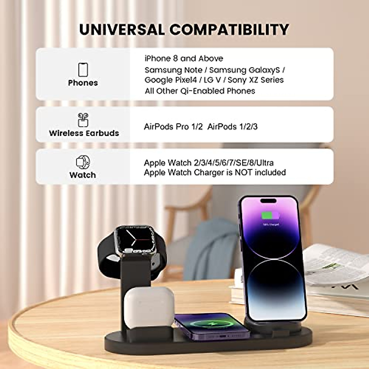 Magnetic Apple Wireless Charging Station 4 in 1 Charger Dock Compatible with iPhone 14/14 Plus/13/12/11/Pro/Pro Max/SE/X/XR/Xs Max, Apple Watch Ultra/8/7/6/SE/5/4/3/2 and Airpods1/2/3 AirPods Pro 1/2