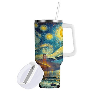 RPLIFE Golden Gate Bridge Starry Night 40oz Tumbler with Handle, Stainless Water Bottle, Insulated Coffee Tumbler