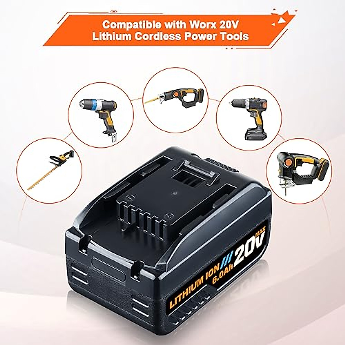 GROWFEAT 2Pack 6.0Ah 20V WA3520 WA3525 Replacement Lithium Battery Compatible with Worx 20V Battery WA3578 WA3525 WA3520 WA3575 WG151s Cordless Power Tools