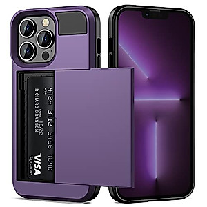 Vofolen for iPhone 13 Pro Max Case Wallet Credit Card Holder ID Slot Sliding Door Hidden Pocket Men Women Anti-Scratch Dual Layer Hybrid Bumper Armor Protective Shell Back Cover 6.7 inch GreyPurple