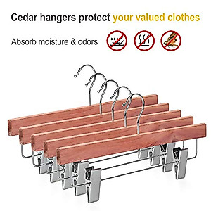 TOPIA HANGER 10 Pack American Red Cedar Natural Wooden Pants Skirt Slacks Bottoms Jeans Hangers with Metal Anti-Wrinkle Adjustable Clips, 360° Stronger Chrome Hooks - CT07P