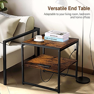 Tatub 20" End Table with Charging Station, Industrial Square Side Table with USB Ports & Outlets, Versatile 2-Tier Small Nightstand for Bedroom Living Room, Rustic Brown