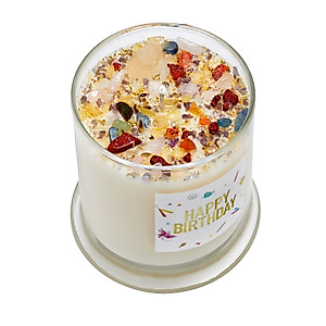 Happy Birthday Candle by New Moon Beginnings - Intention & Manifestation - Birthday Wish Candle - Crystal & Herb Candles - Aromatherapy Candles - Soy Candle, 8 Ounce Round Tin