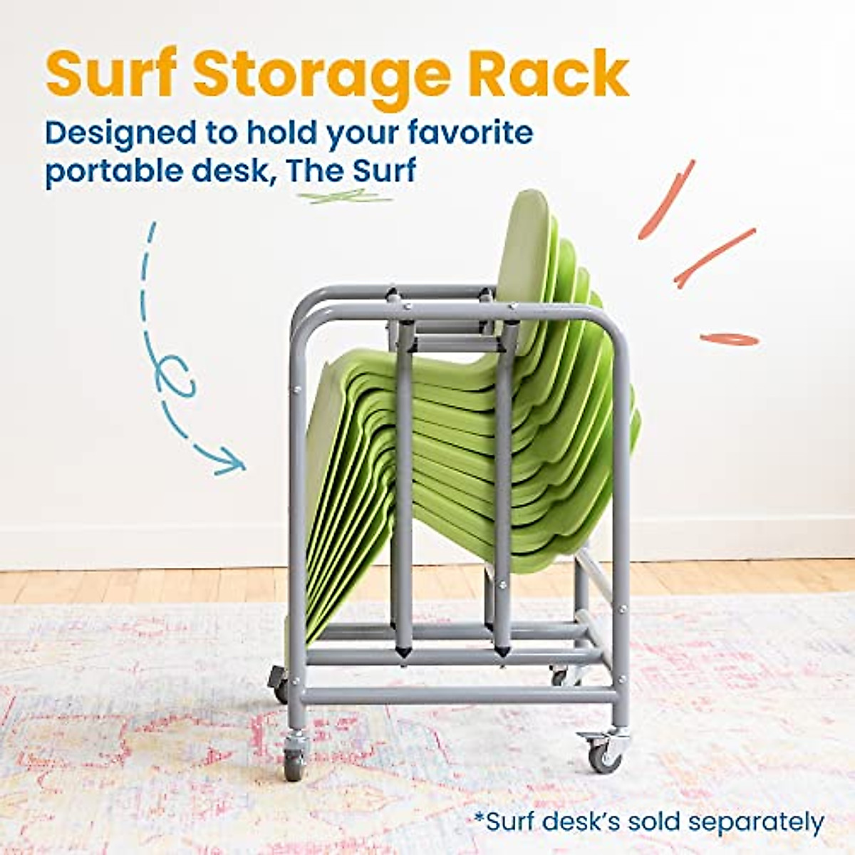 ECR4Kids The Surf Storage Rack, Stores 10 Portable Lap Desks, Flexible Seating, Silver