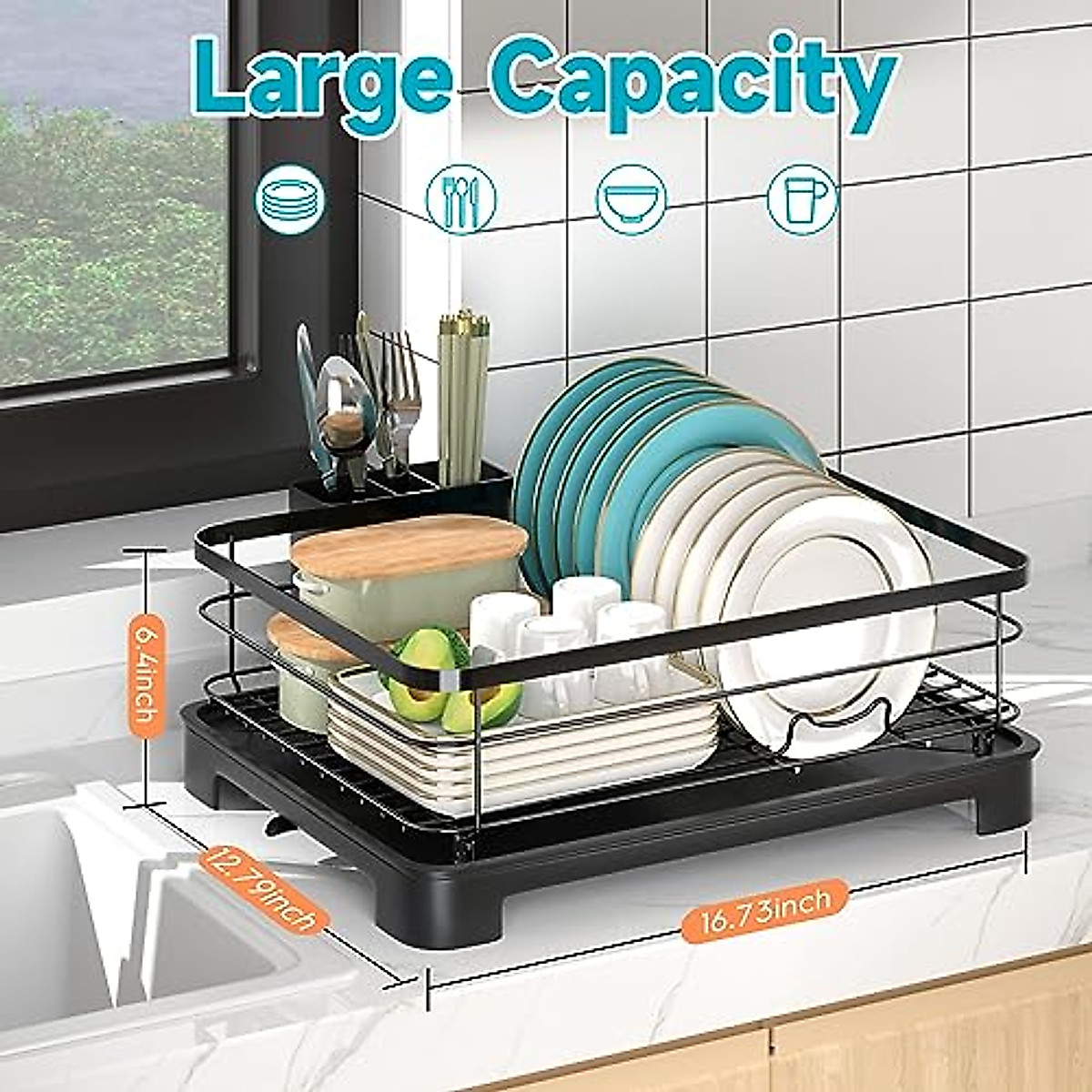 Dish Drying Rack - Dish Rack for Kitchen Counter with With Dish Drying Mat a Cutlery Holder,Dish Drying Rack,Durable Kitchen Dish Rack for Tableware,Dish Drying Rack with Easy Installation,Black