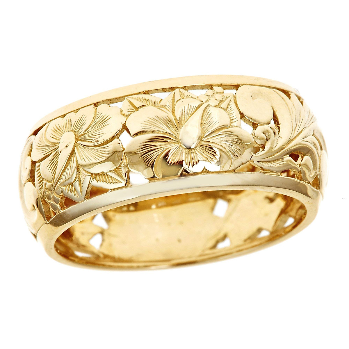 Zero Gravity Hawaii Hawaiian Heirloom Jewelry 14k Yellow Gold Cut Out Hibiscus Dome 8mm Ring (8)