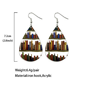 Book Earrings for Women Classic Resin Stack of Books Shelves Teardrop Drop Earrings Cute Cat Dog Butterfly Moon Rabbit Bookcase Wooden Dangle Earrings for Teacher Book Lovers -Style 1