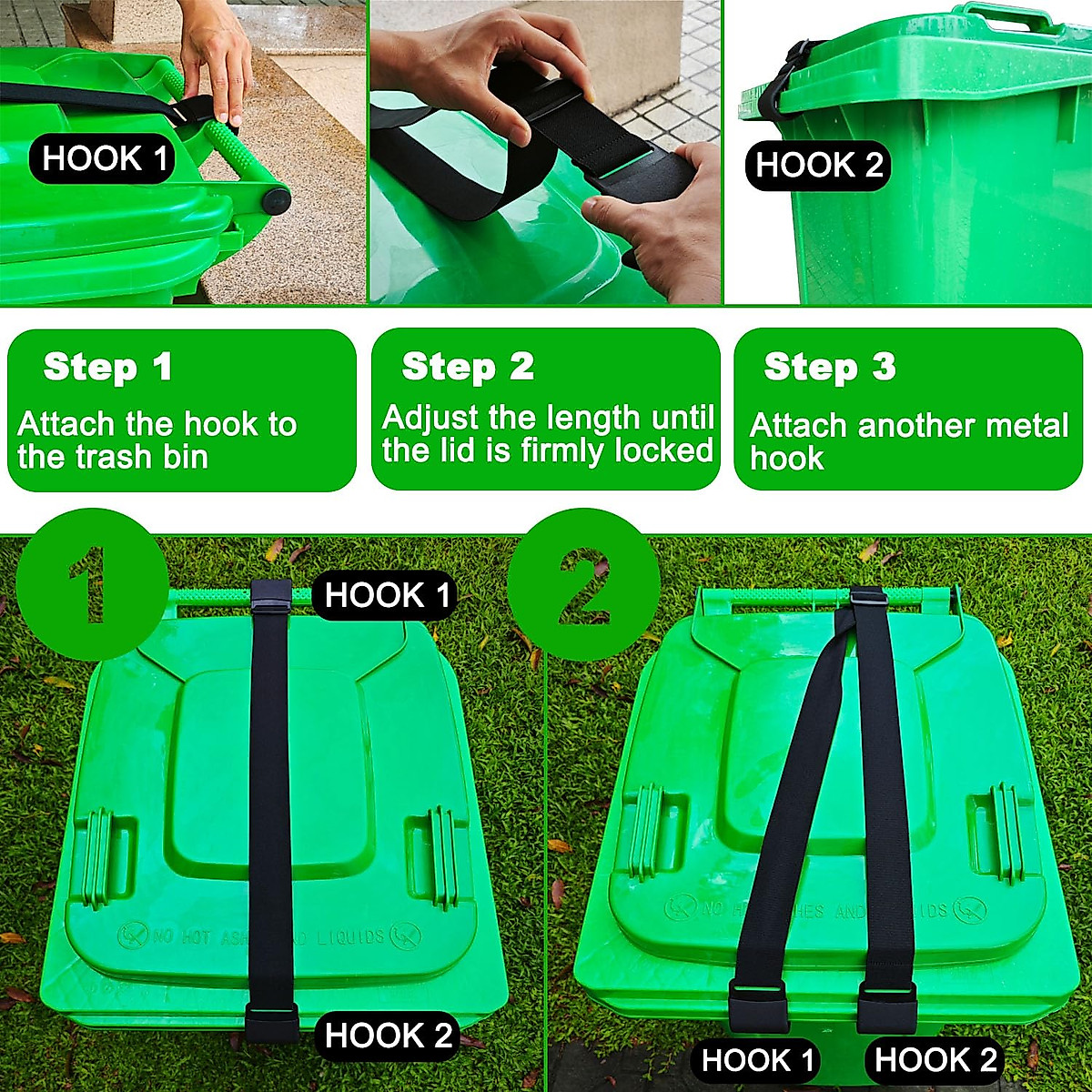 Metal Double Claw Trash Can Locks Strap for Animals,Universal Trash Can Lid Lock 1PC,Adjustable Garbage Can Lid Locks Security Strap,Trash Can Bungee Cord Belt Rope for Outside Raccoon,Trash Bin Lock