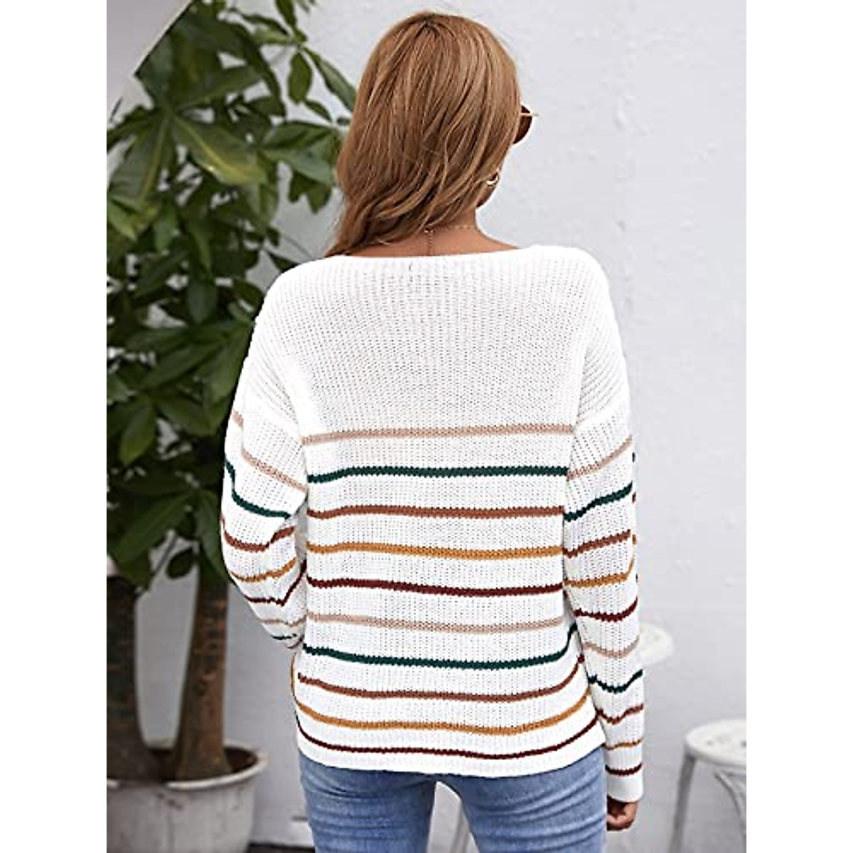 SheIn Women's V Neck Long Sleeve Sweater Drop Shoulder Striped Knitted Pullover Jumper Tops White Medium