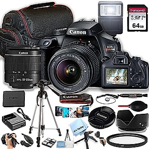 Canon Rebel T100 / EOS 4000D DSLR Camera w/EF-S 18-55mm F/3.5-5.6 Zoom Lens + 64GB Memory, Case, Tripod, Flash, and More (31pc Bundle) (Renewed)