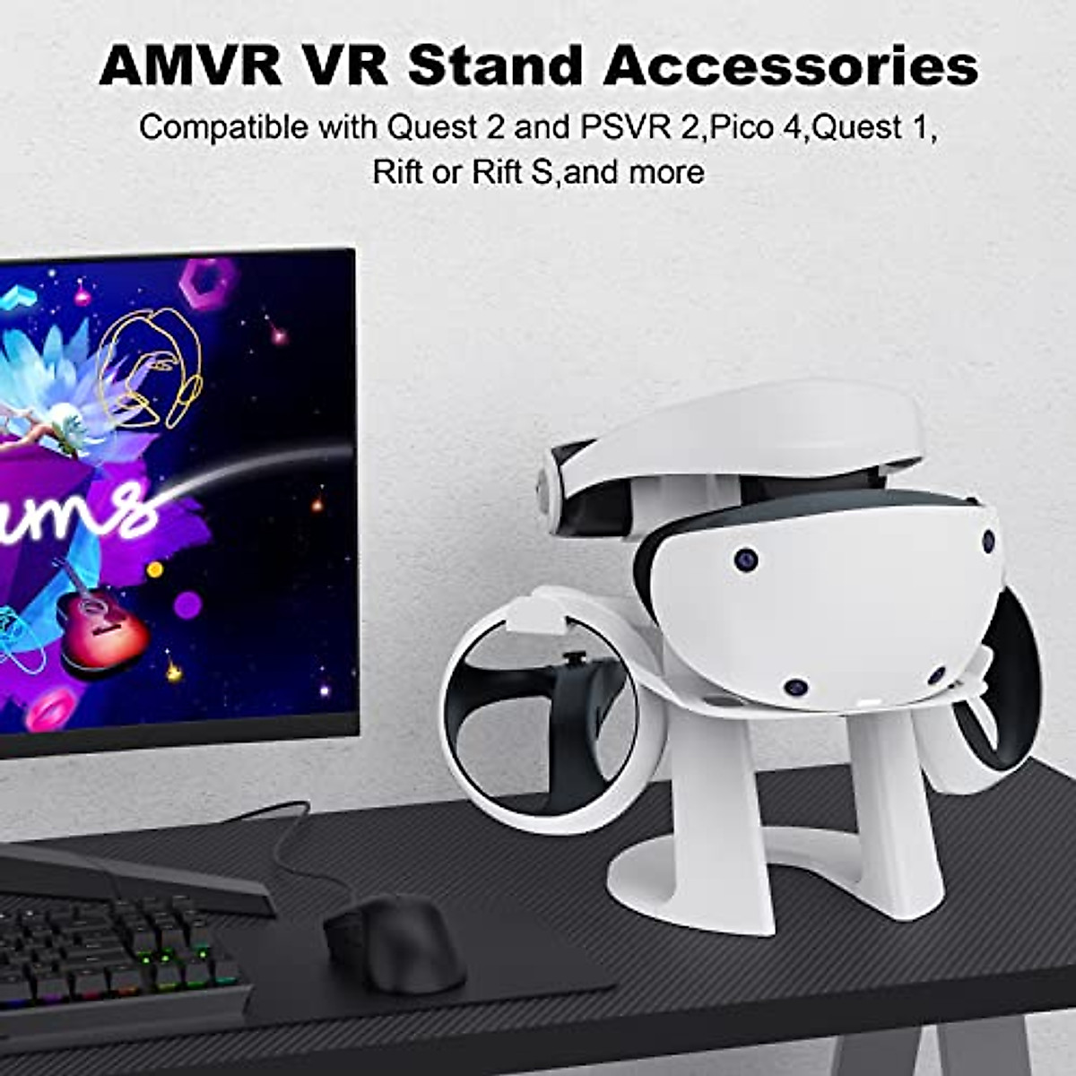 AMVR VR Stand for Quest 2, VR Headset and Touch Controllers Display Holder for Quest 2, PSVR 2, Quest, Rift, Rift S or Valve Index (White, Just VR Stand)
