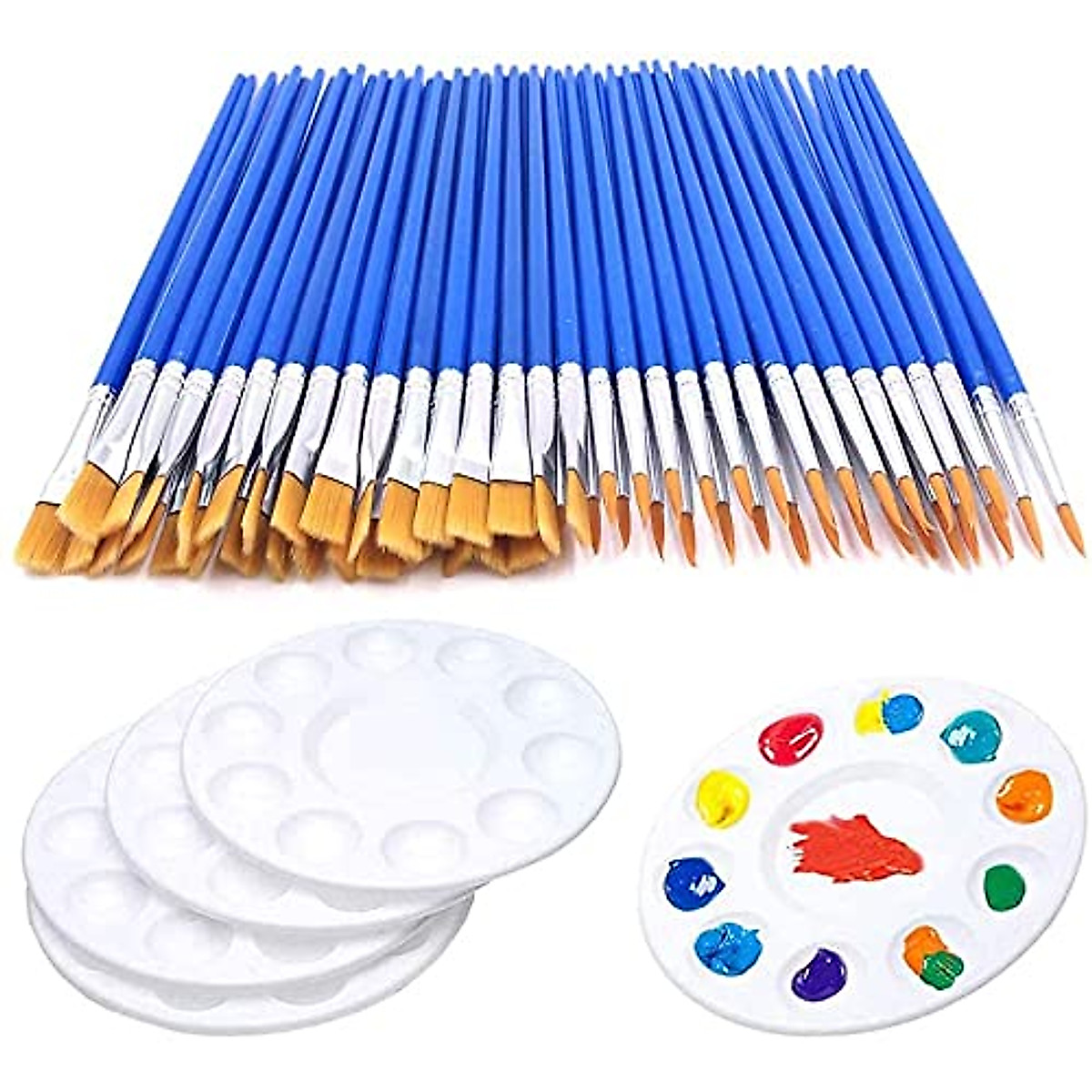 65Pcs Paint Brushes Tray Palettes Set,60pcs Flat Paint Brushes 5 PCS Round Paint Pallets,Small Paint Brushes Bulk Acrylic Oil Watercolor Artist Painting Brushes for Classroom Crafts Party Painting