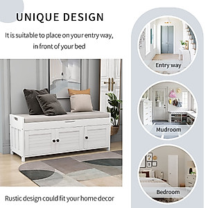 RUNNA Storage Bench with 3 Shutter-Shaped Doors Wood Entryway Bench Shoe Bench with Removable Cushion and Hidden Storage Space Saving,Great for Foyer entrances (White#1)