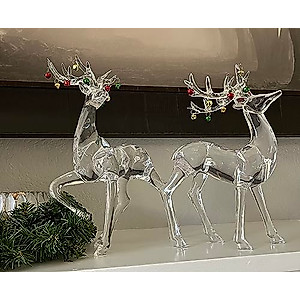 Christmas Reindeer Set of 2 in Clear Acrylic, Christmas Jingle Bells on Antlers, Holiday Deer Figurines, 10 and 11 Inches High, Cut Glass Appearance