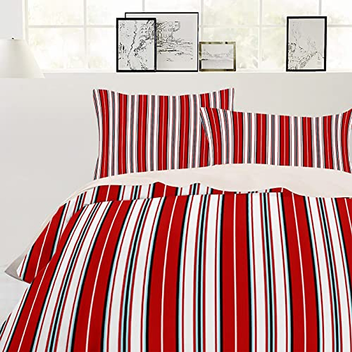 Lsrtoss Red Striped Twin Duvet Cover Set for All Season, Farmhouse Red Blue Stripes Microfiber 3 Piece Bedding Set with 2 Pillowcases & 1 Quilt Cover, 68" W x 86" L, Twin Size
