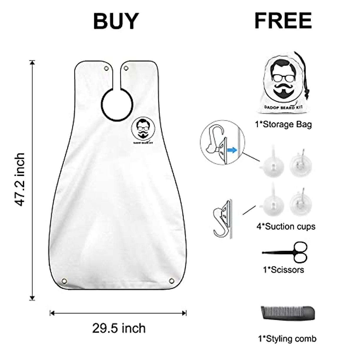 Dadop Beard Bib Kit, Beard Hair Catcher Waterproof Non-Stick for Men Shaving Apron Beard Catcher, with 4 Suction Cups, Nose Hair Scissors, Beard Comb and Portable Pouch, Best Gifts for Husband.