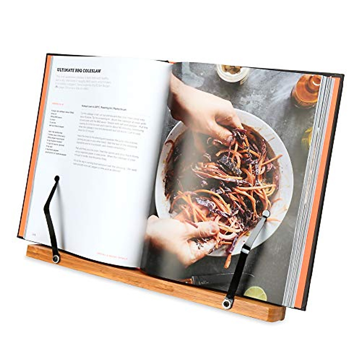 H&S Bamboo Recipe Book Holder - Foldable & Portable Cookbook Stand for Desk - Adjustable Holder for Reading in Bed or Kitchen