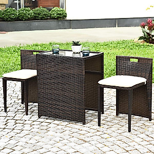 Tangkula 3 Piece Outdoor Rattan Dining Set, No Assembly Patio Bistro Set with Tempered Glass Table, Space Saving Patio Wicker Cushioned Chair Furniture Set for Courtyard, Balcony, Garden (Brown)