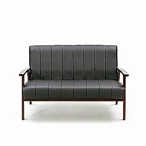 Panana Mid Century Modern Loveseat Sofa with Wooden Arms Leather Office Couch 2-Seat Wood Love Seat Lounge Armchair Living Room Bedroom, Black Faux Leather