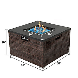 COSIEST Outdoor Propane Fire Pit 32-inch Square Espresso Brown Wicker Fire Table, 40,000 BTU Stainless Steel Burner, Fits 20lb Tank Outside, Aqua Blue Fire Glass and Cover