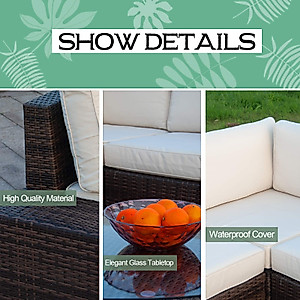 Polar Aurora 6pcs Patio Furniture Set PE Brown Rattan Wicker Sectional Outdoor Sofa Set Outside Couch w/Washable Seat Cushions & Modern Glass Wedge Table for Patio, Backyard, Pool-Beige