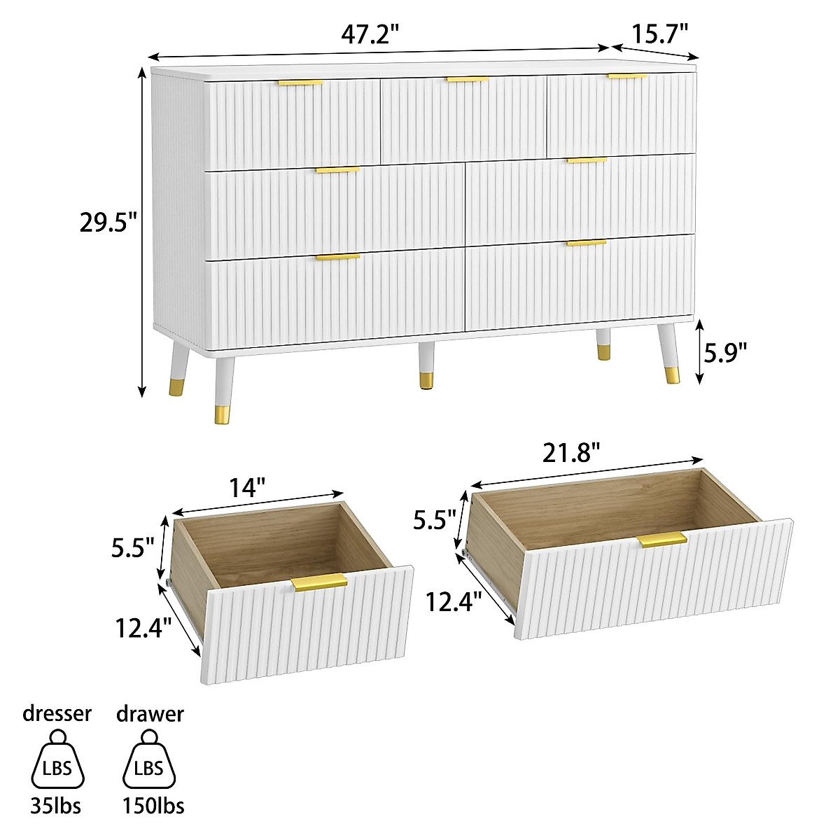 Tradare White Dresser for Bedroom, 7 Drawer Dresser with Gold Metal Handles, Wood Modern Dresser for Bedroom