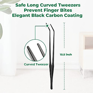 Simple Deluxe Reptile Feeding Tongs 15’’ Curved Aquarium Long Tweezers, Anti-Rust Thickened Stainless-Steel Forceps, for Terrarium, Fish Tank, Snakes/Lizards/Gecko, Planting