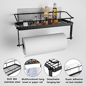 Adhesive Paper Towel Holder Shelf, 2-in-1 Wall Mounted Black Paper Towel Roll Rack Basket for Kitchen,Shower Bathroom & Balcony,Rustproof,No Drilling,SUS 304 Stainless Steel